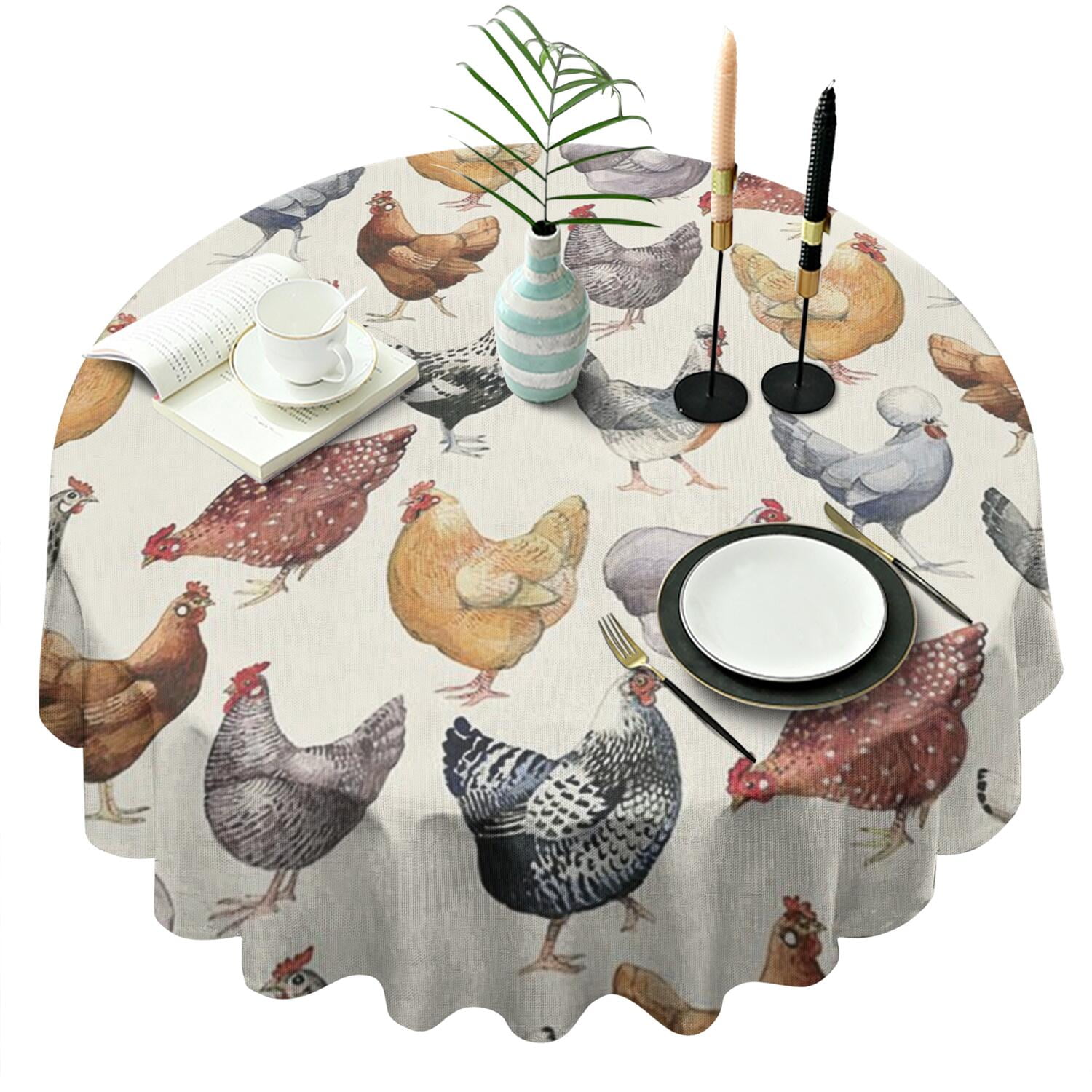 Beige Chicken Breed Pattern Round Tablecloth 60"x60",Wrinkle Wipeable ...