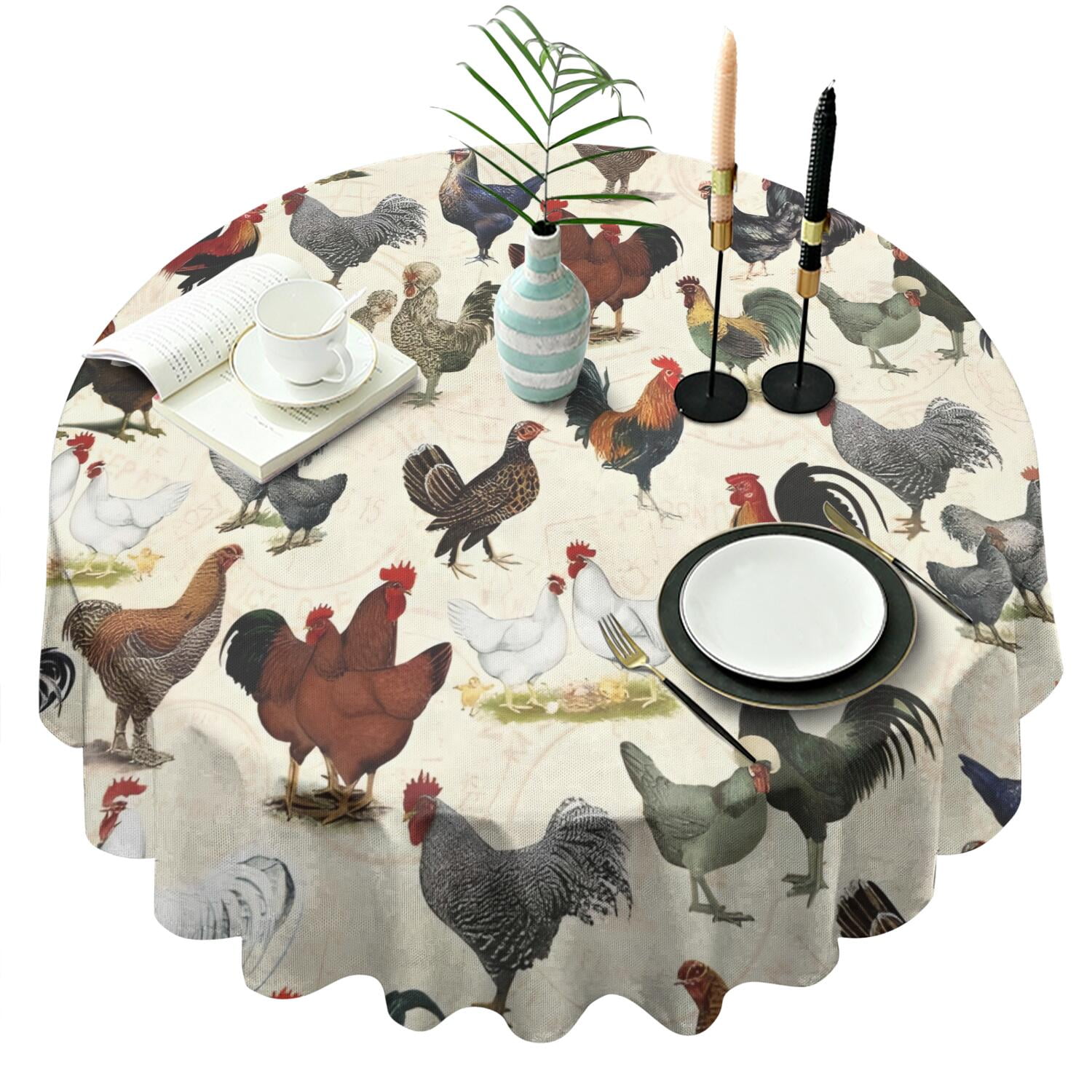 Beige Chicken Breed Pattern Round Tablecloth 60"x60",Wrinkle Wipeable ...