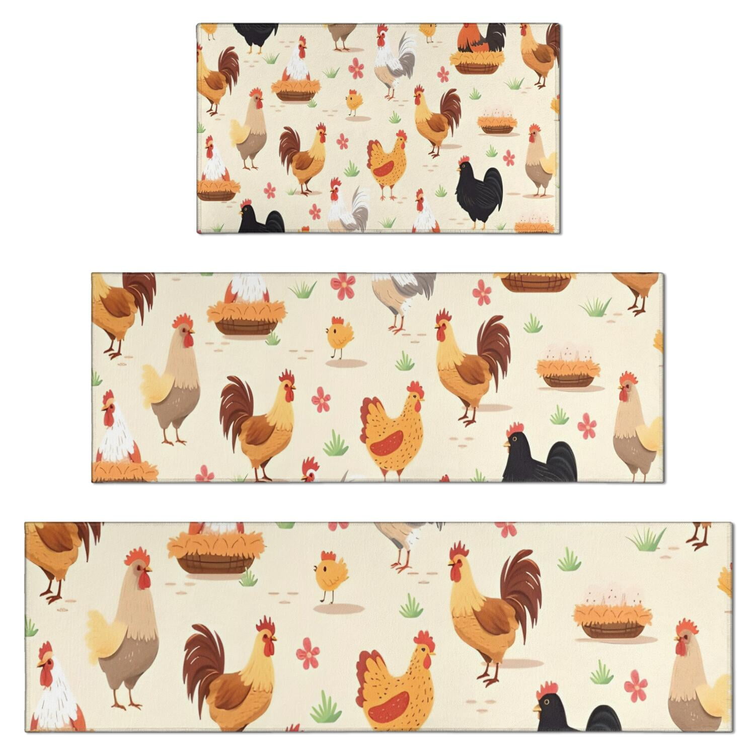 Beige Chicken Cartoon Pattern Kitchen Rugs Sets Of 3,Kitchen Runner ...