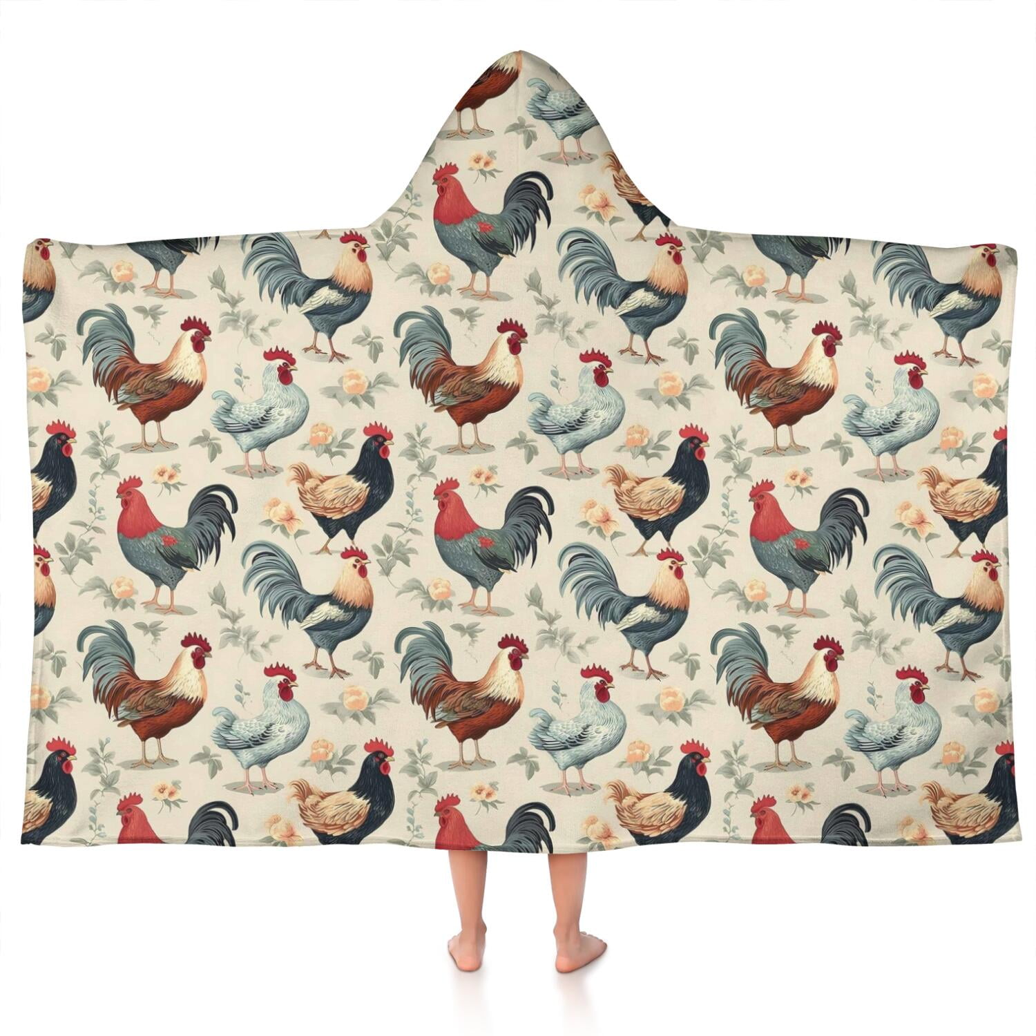Beige Chicken Floral Pattern Hooded Bath Towel，50"x30" for Ages 3 To 12 ...