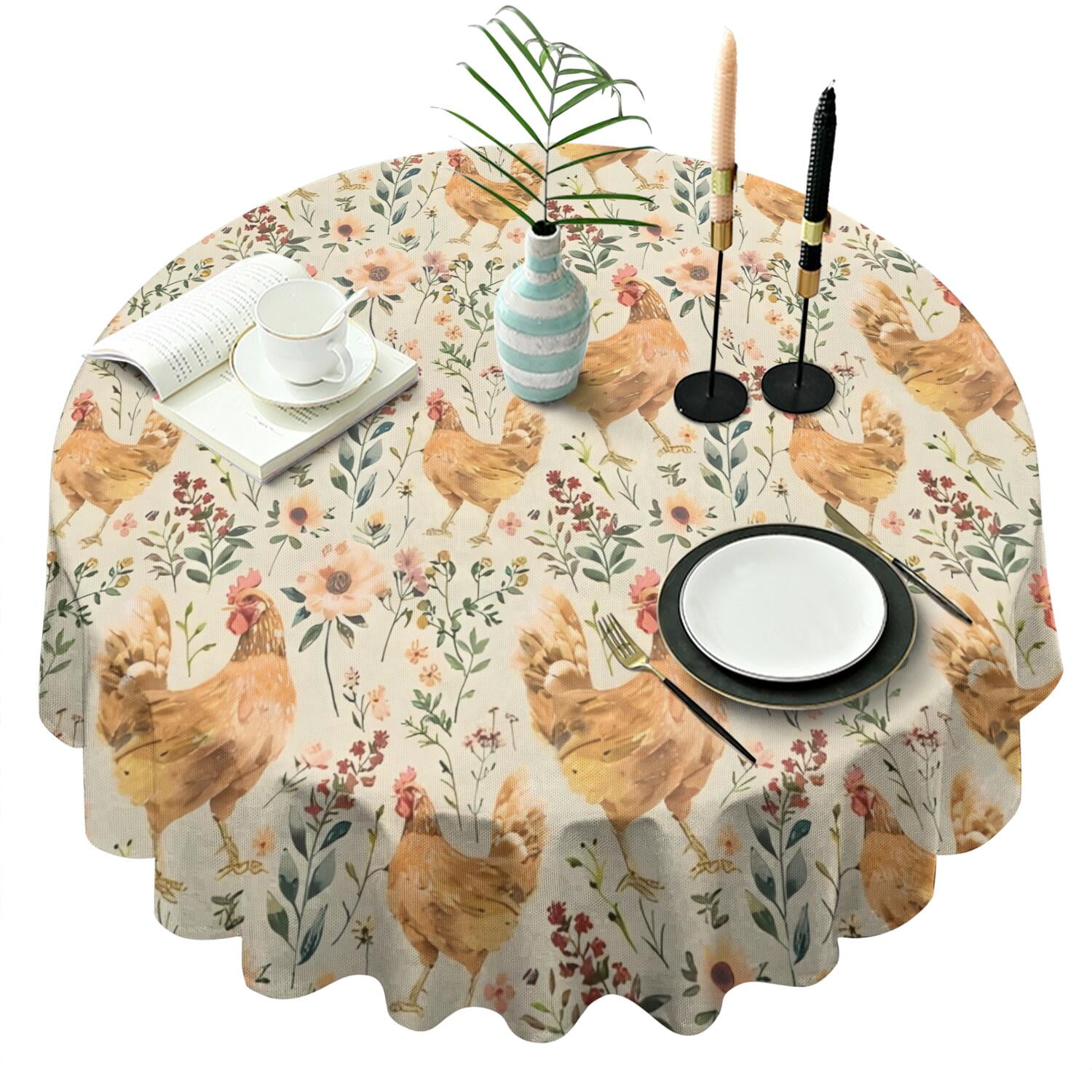 Beige Chicken Flower Pattern Round Tablecloth 60"x60",Wrinkle Wipeable ...