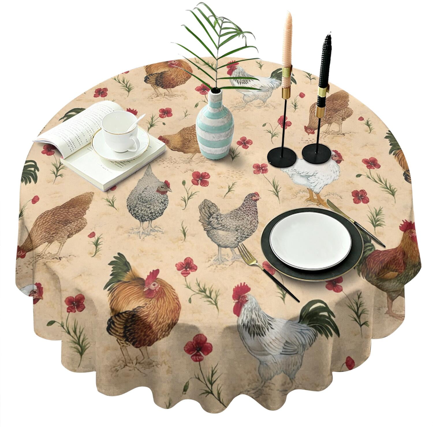 Beige Chicken Red Flower Pattern Round Tablecloth 60"x60",Wrinkle ...