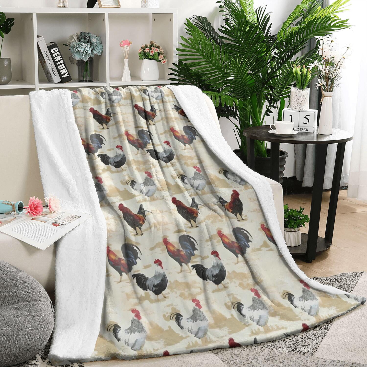 Beige Chicken Rooster Pattern Blanket,Comfortable Soft Lamb Wool Throw ...