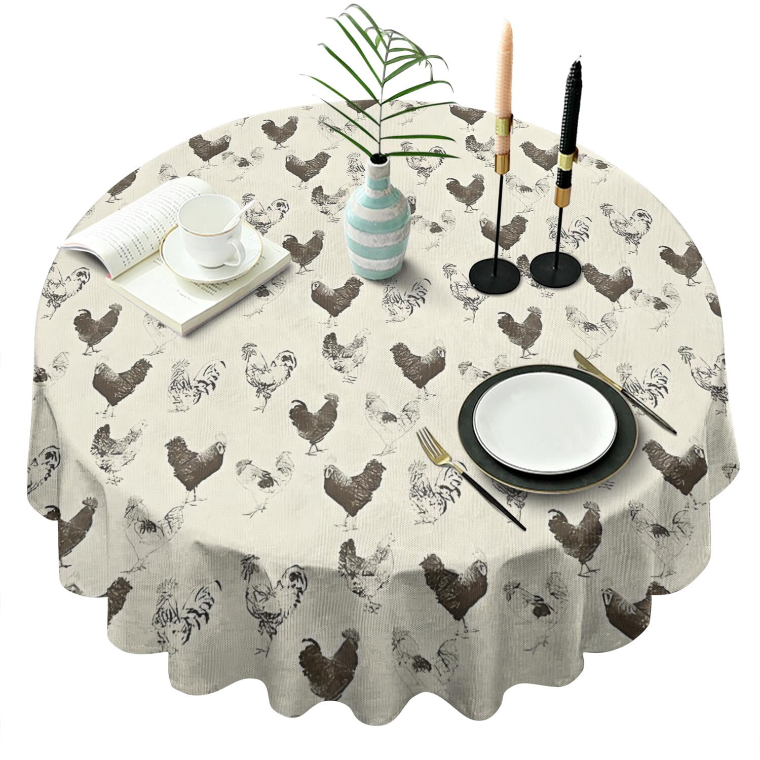 Beige Chicken Sketch Pattern Round Tablecloth 60"x60",Wrinkle Wipeable ...