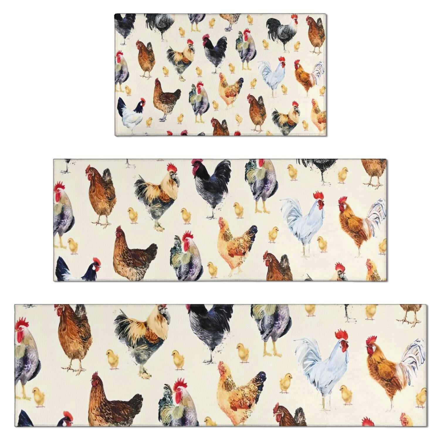 Beige Chicken Watercolor Pattern Kitchen Rugs Sets Of 3,Kitchen Runner ...
