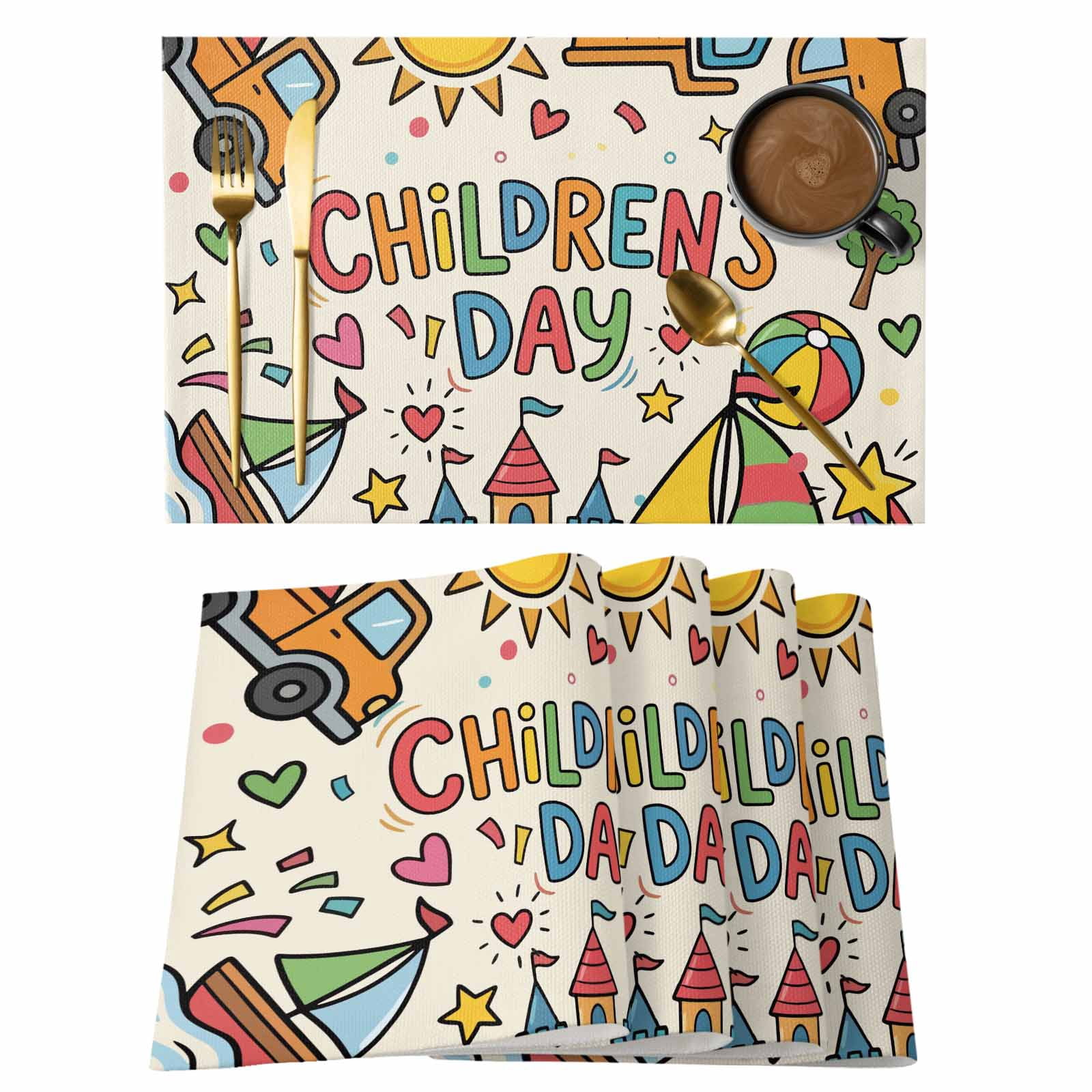 Beige Children's Day Placemats Set of 8 Car Tree Stars Modern Abstract ...
