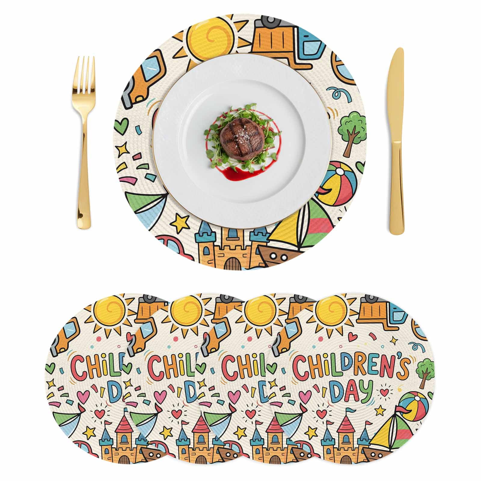 Beige Children's Day Round 15 Inch Placemats Set of 4, Car Tree Stars ...