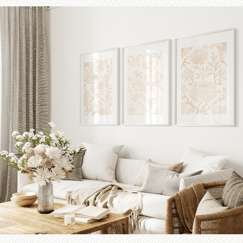 Beige Chinoiserie Vintage Floral Neutral Poster Prints, Stretched ...