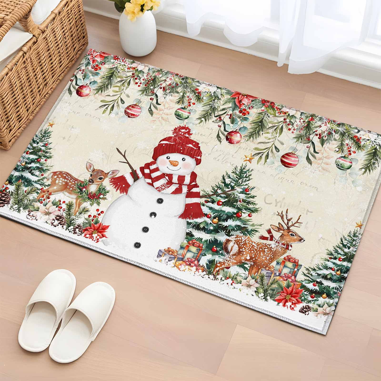 Beige Christmas Bathroom Rug Washable 2x3 Entryway Rug Non Slip Snowman ...
