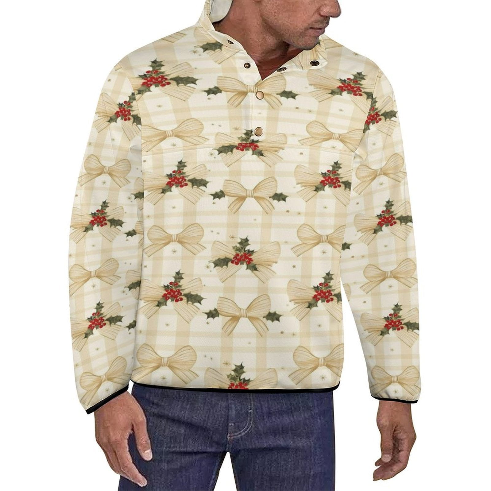 Beige Christmas Bow Men's Stand Collar Sweater Long Sleeve Clothing ...