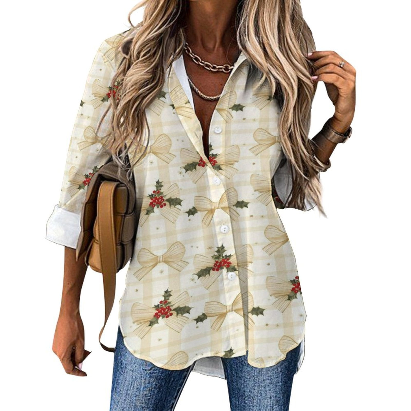 Beige Christmas Bow Womens Button Down Long Sleeve Shirts Irregular Hem Shirt Casual Button V