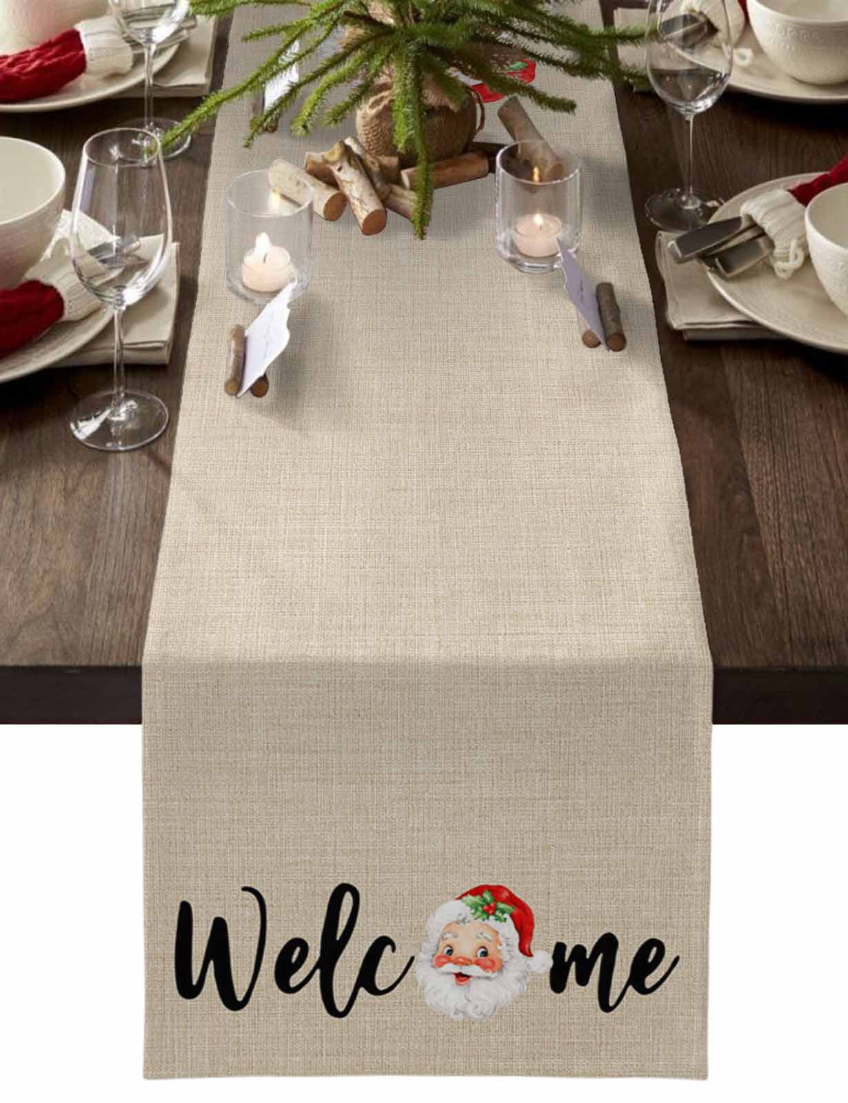 Beige Christmas Cotton Linen Table Runner for Dining Kitchen, Santa ...