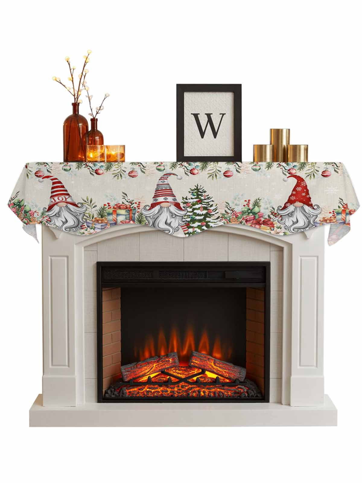 Beige Christmas Gnomes Fireplace Mantle Scarf, Xmas Tree Poinsettia ...