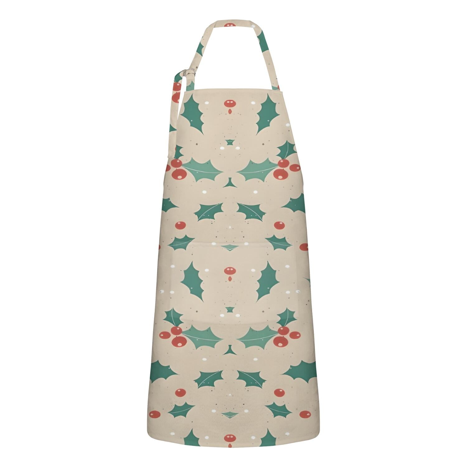 Beige Christmas Holly Apron-Garden Aprons for Women with Pockets-Cotton ...