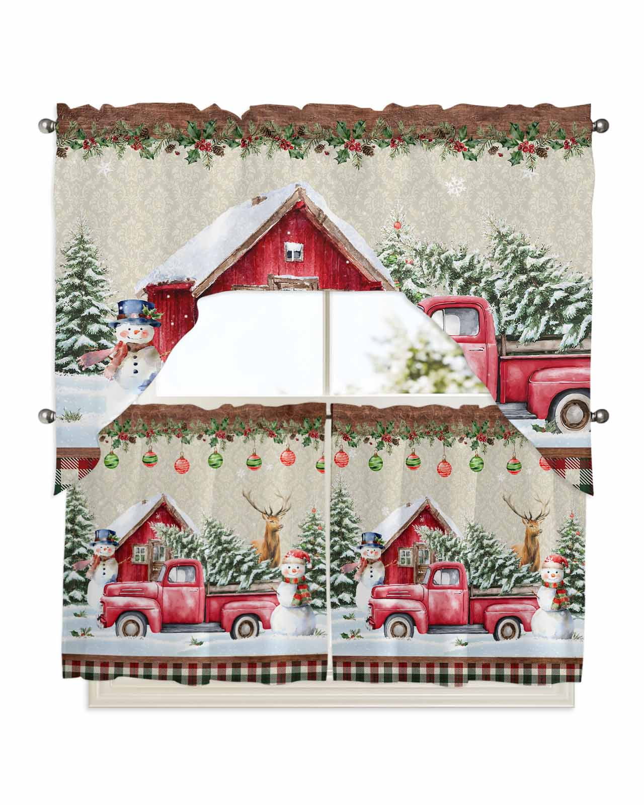 Beige Christmas Kitchen Curtains Swag Valance and Tier Curtains Set 24 ...