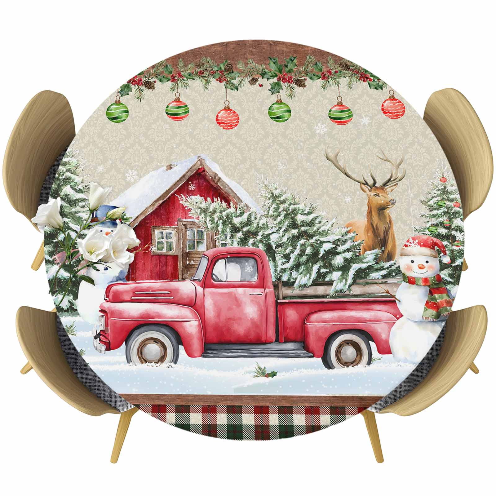 Beige Christmas Round Tablecloth, Fitted Table Cover with Elastic for ...