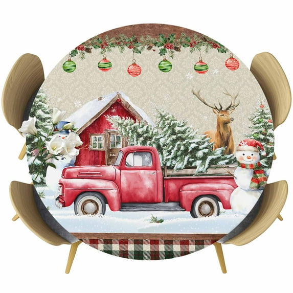 Beige Christmas Round Tablecloth, Fitted Table Cover with Elastic for ...