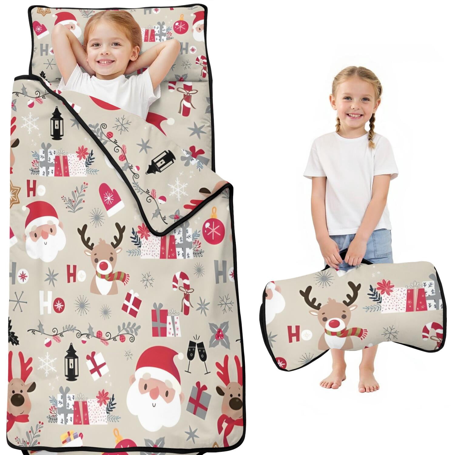 Beige Christmas Santa and Reindeer Pattern Toddler Nap Mats for Kids ...