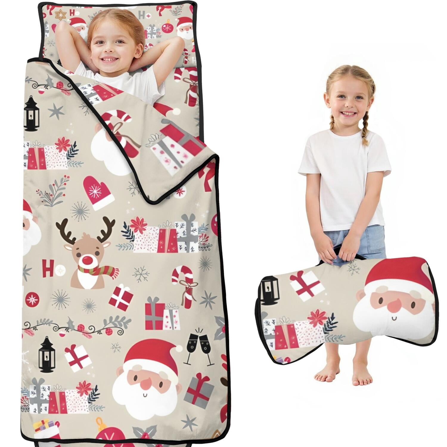 Beige Christmas Santa and Reindeer Pattern Toddler Nap Mats for Kids ...