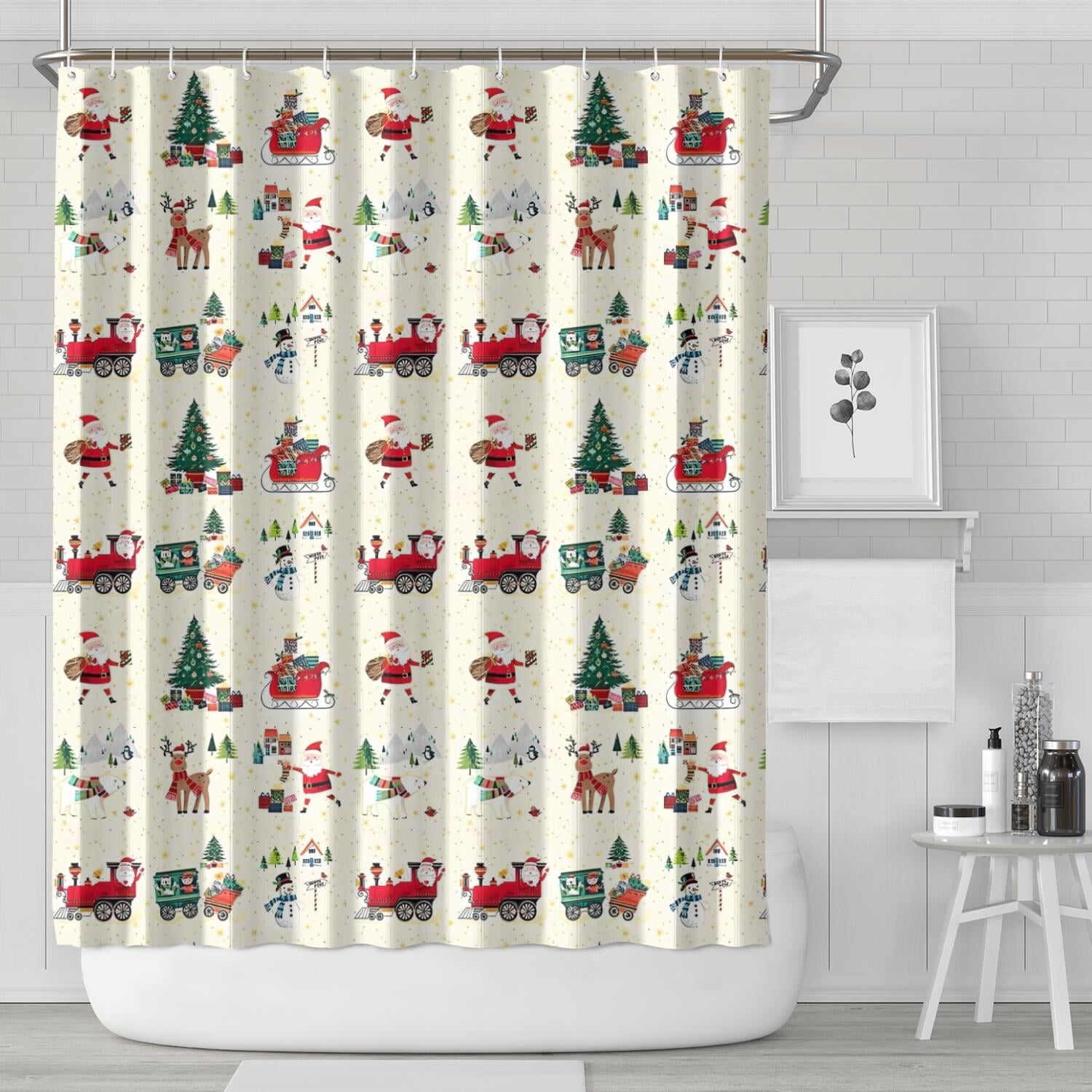 Beige Christmas Santa and Train Pattern Shower Curtain 84"x72 ...