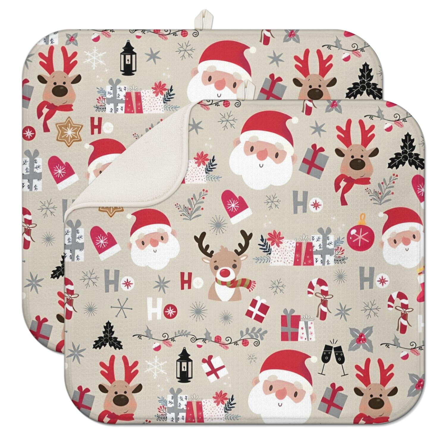 Beige Christmas Santa and Reindeer Pattern Dish Drying Mat for Kitchen ...