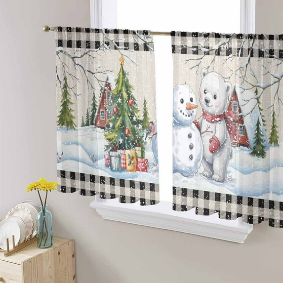Beige Christmas Sheer Curtains 54 Inches Long, Xmas Tree Snowman Bear Snowfall Plaid Light ...