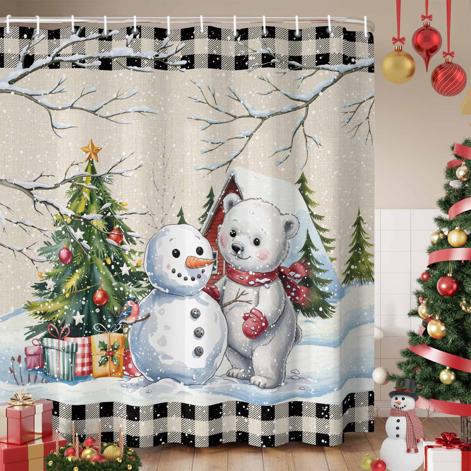 Beige Christmas Shower Curtain, Xmas Tree Snowman Bear Snowfall Plaid ...
