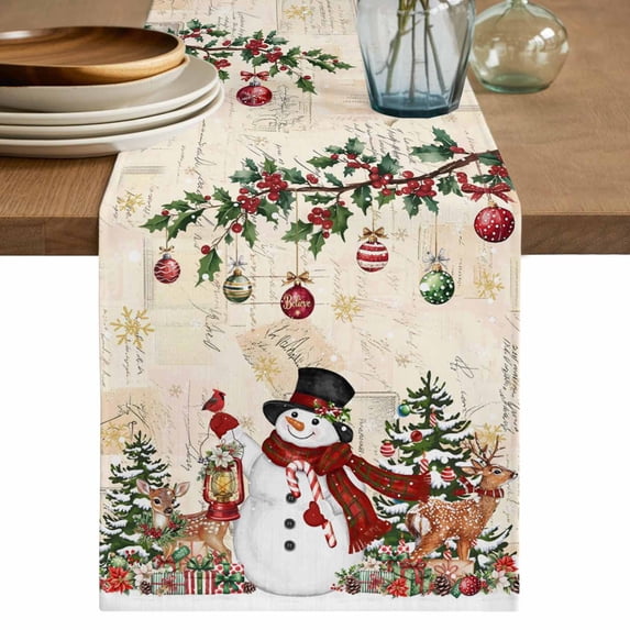Beige Christmas Snowman Table Runner 48 Inches, Xmas Snowflake Elk Tree ...