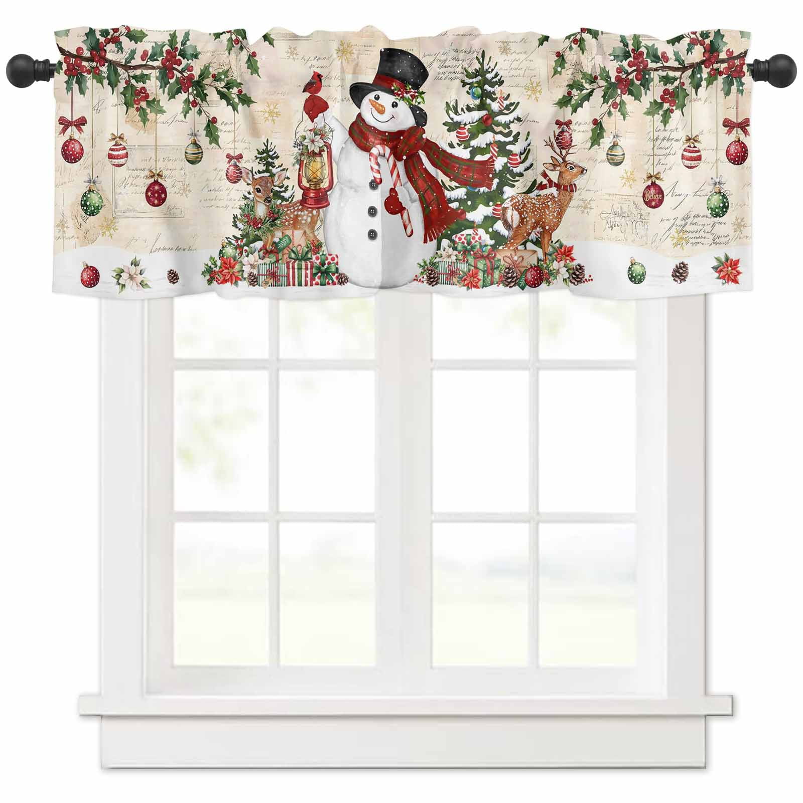 Beige Christmas Snowman Valances for Windows, Xmas Snowflake Elk Tree ...