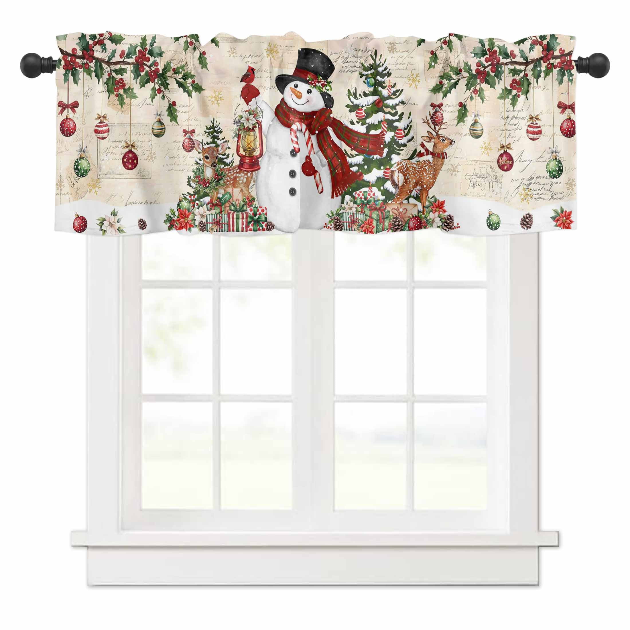 Beige Christmas Snowman Valances for Windows Xmas Snowflake Elk Tree ...