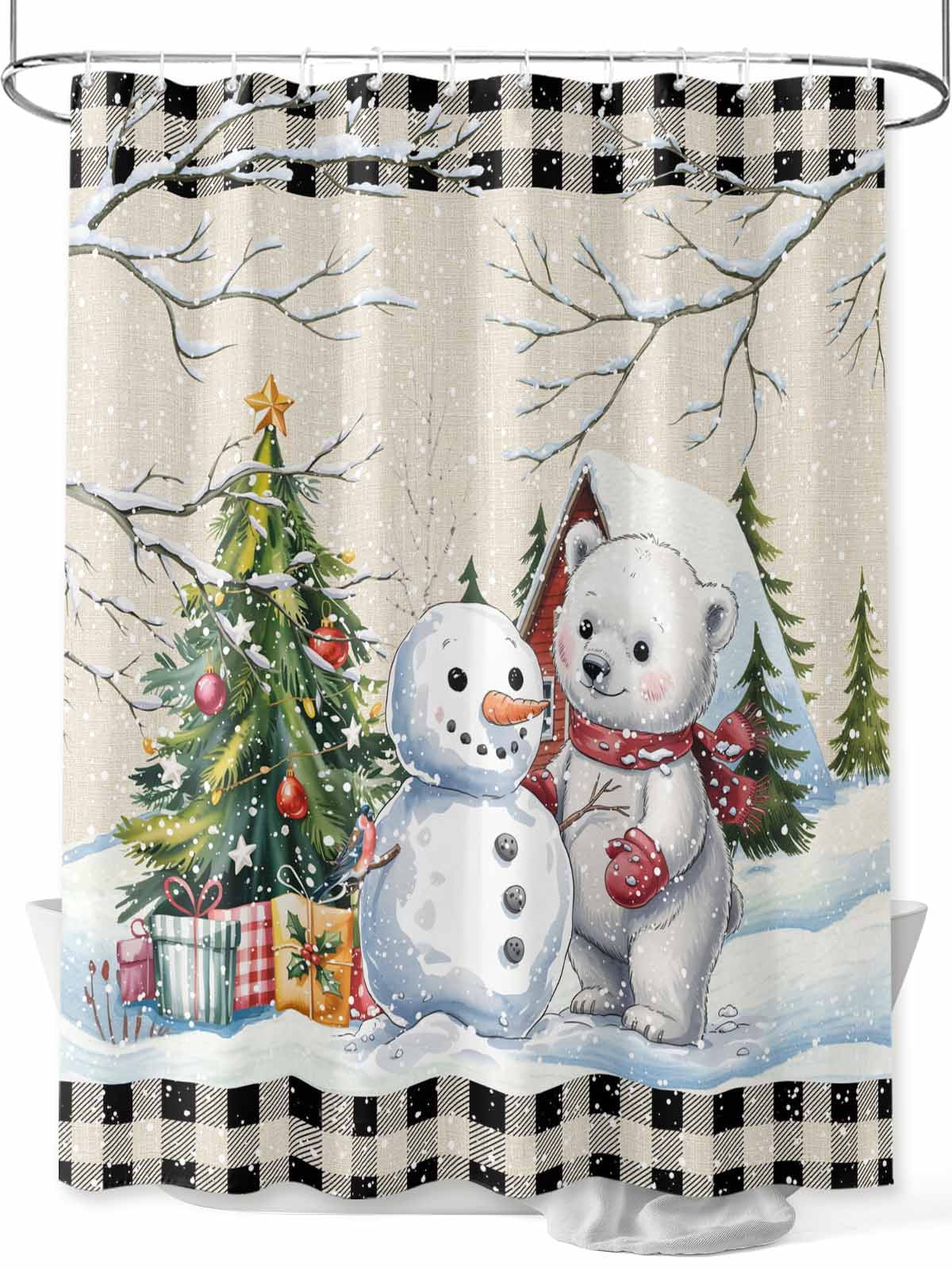 Beige Christmas Standard Shower Curtain Set, Waterproof Shower Curtains ...