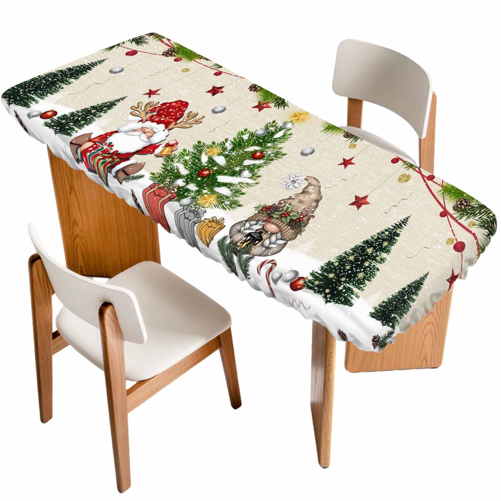 Beige Christmas Table Cloths for 8 Foot Rectangle Tables, Gnomes Xmas ...