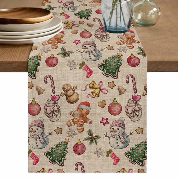 Beige Christmas Table Runner 108 Inches, Xmas Tree Balls Snowman ...