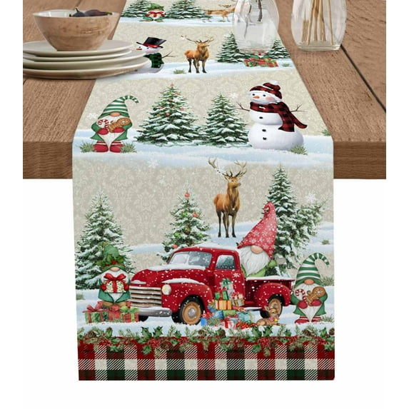 Beige Christmas Table Runner 36 Inches, Gnomes Snowman Gifts Xmas Tree ...