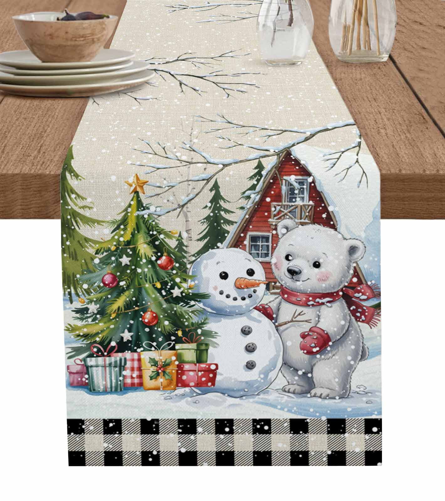 Beige Christmas Table Runner 70 Inches, Xmas Tree Snowman Bear Snowfall ...