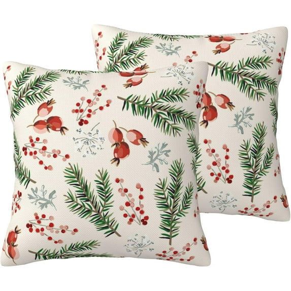 Beige Christmas Throw Pillow Covers 20x20 Inch Set of 2 Green Leaves ...