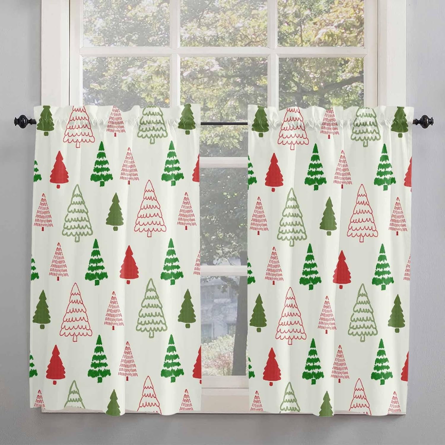 Beige Christmas Tree Kitchen Curtains 63 Inches Long, Xmas Trees Winter ...