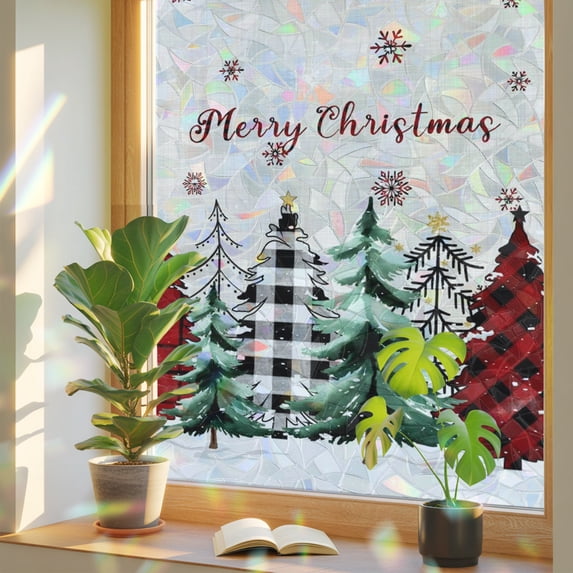 Beige Christmas Tree Privacy Window Film, Decorative Stained Glass ...