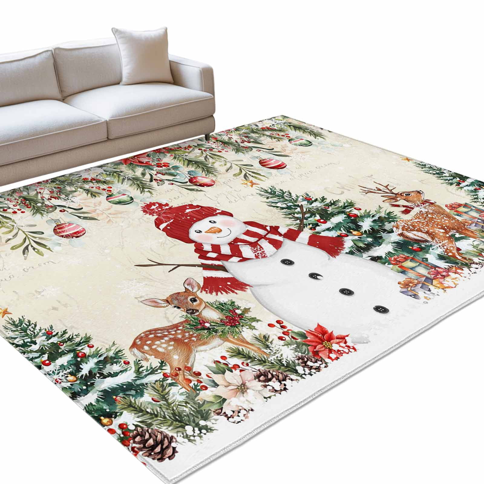 Beige Christmas Washable Rug 9x12 Area Rug for Living Room Bedroom Non ...