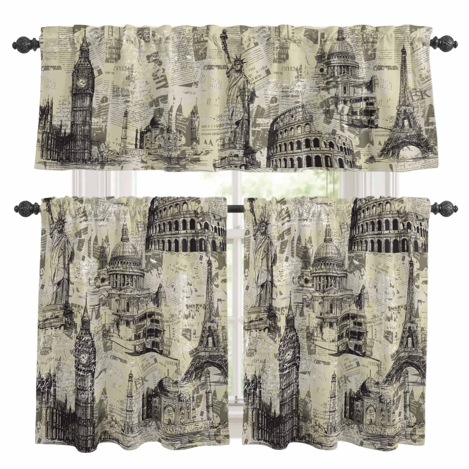 Beige City Kitchen Curtains Set for Windows, Retro Country Beige ...