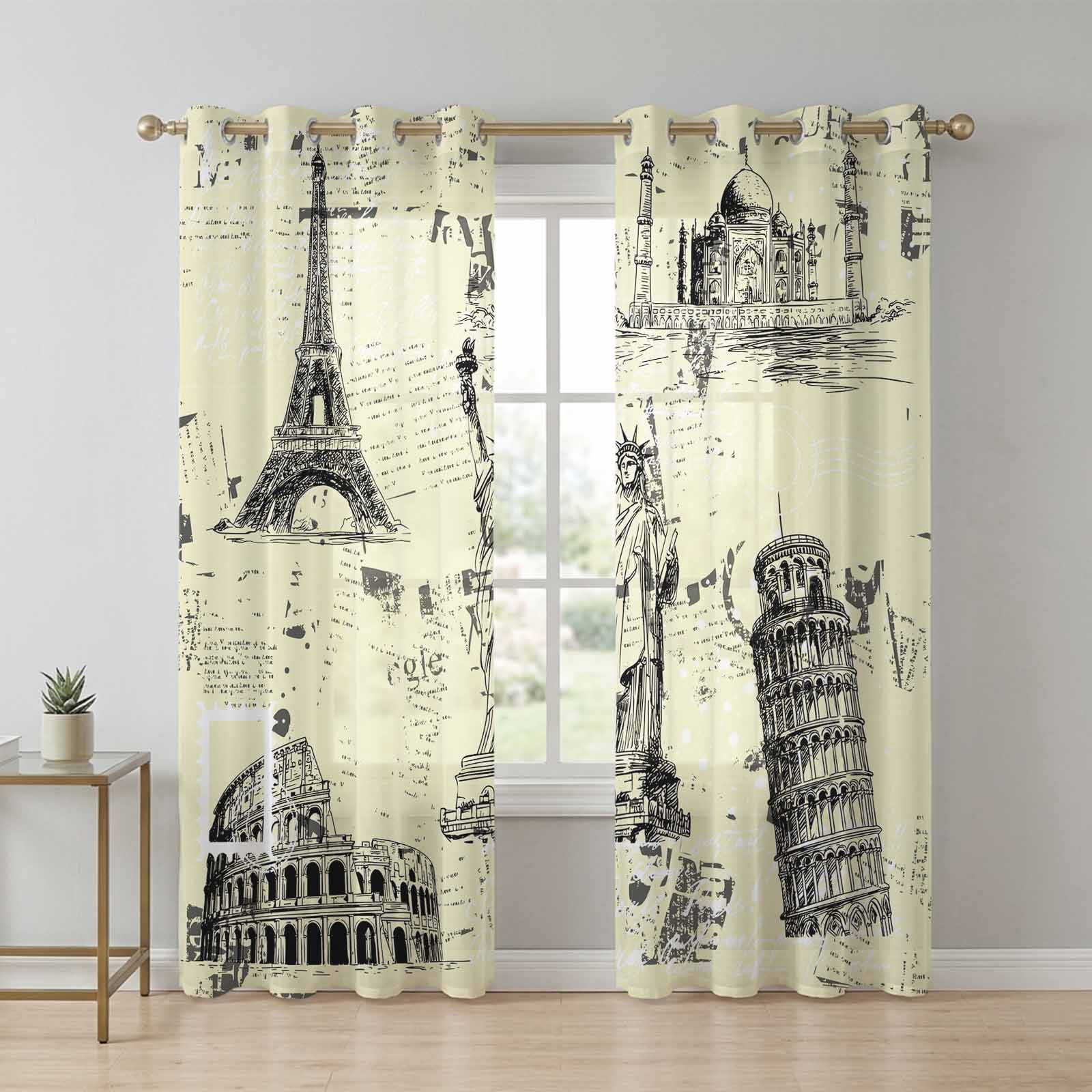 Beige City Sheer Curtains 63 Inch Long 2 Panels, Modern Black ...