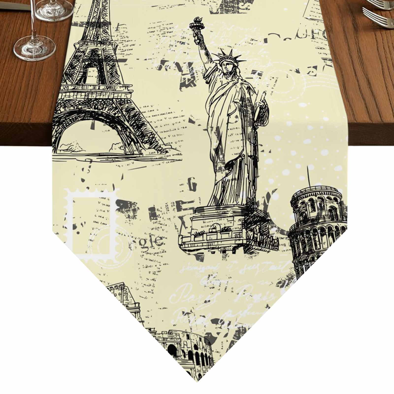 Beige City Table Runner for Dining Room, Modern Black Architecture ...