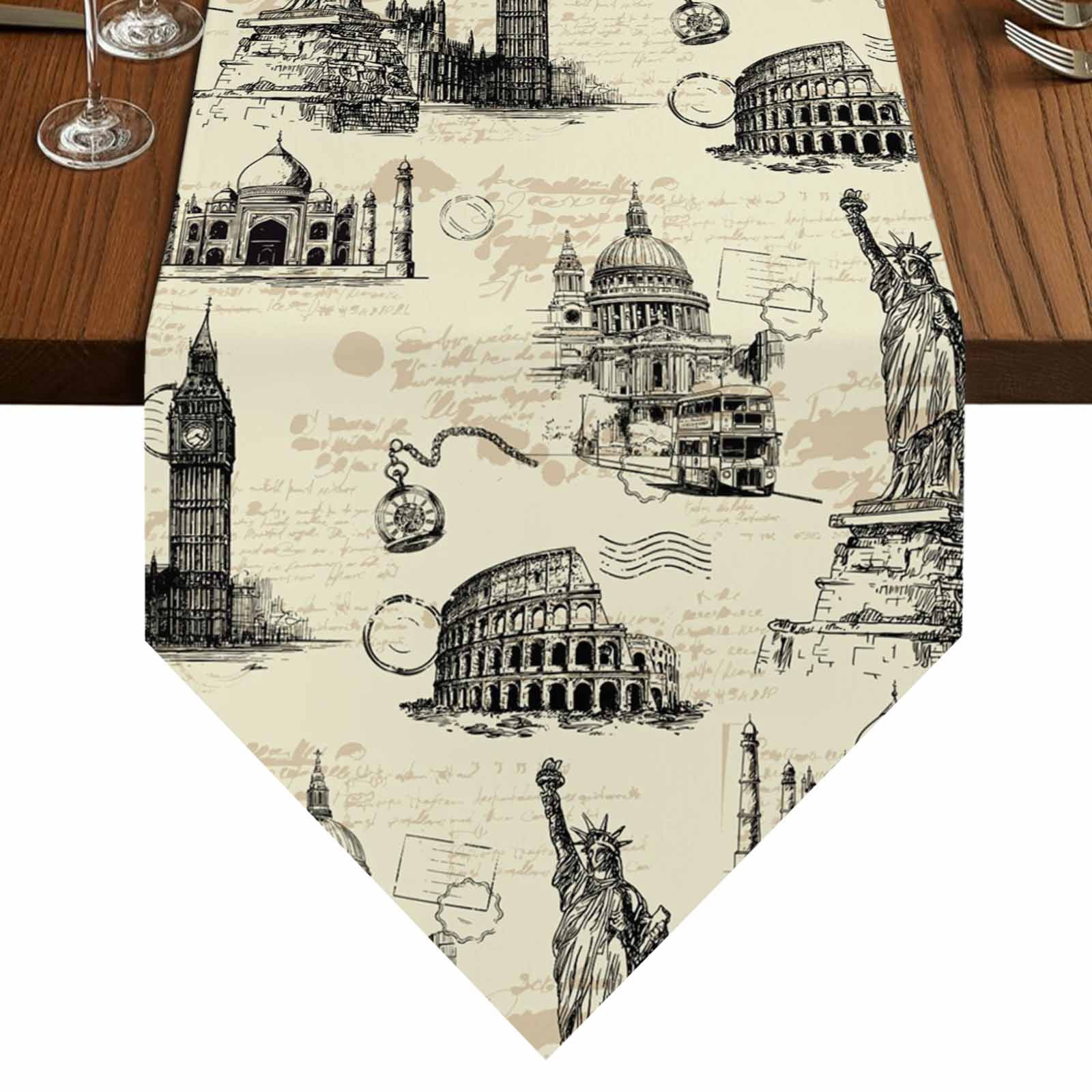 Beige City Table Runner for Dining Room, Retro Modern Abstract Beige ...