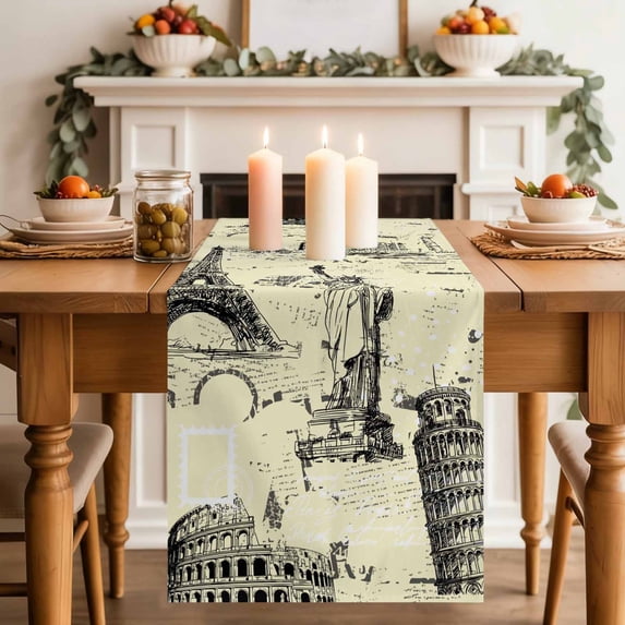 Beige City Table Runner, Modern Black Architecture Light Yellow ...