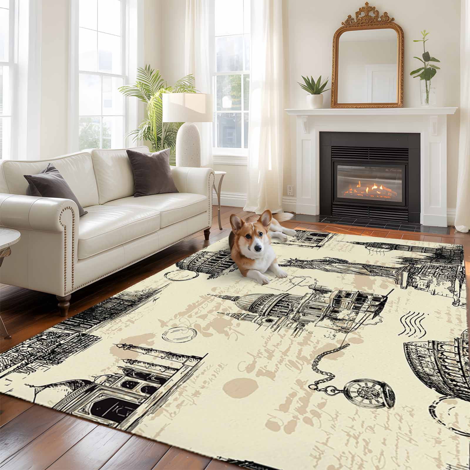 Beige City Washable Area Rug 5x8 Retro Modern Abstract Beige ...