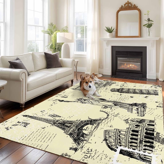 Beige City Washable Area Rug 8x10 Modern Black Architecture Light ...