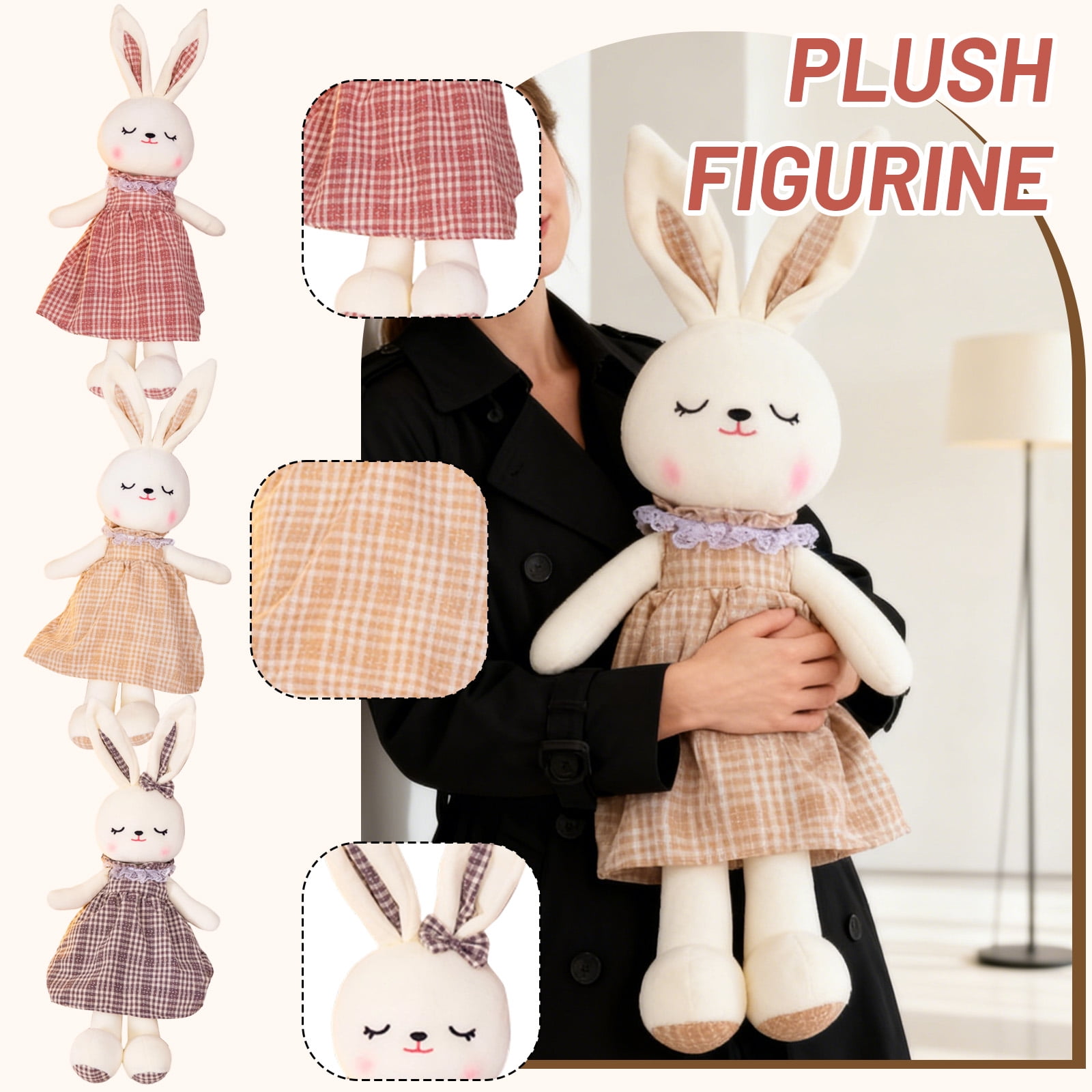 Beige Closed-Eye Rabbit Plush toy, Soft Stuffed Animal with Gingham ...