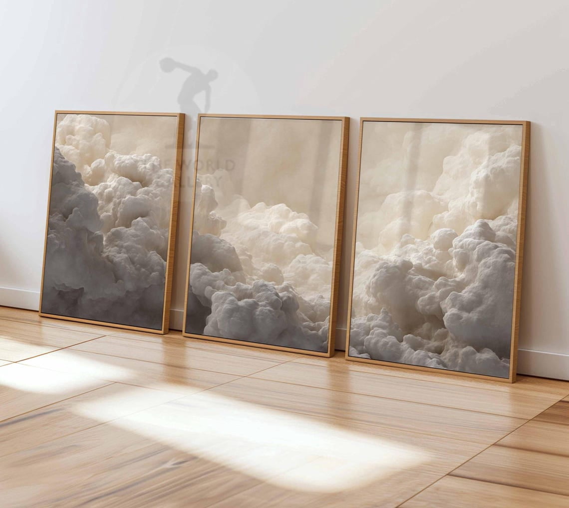 Beige Cloud Neutral Sky Triptych Landscape Art Set 3 Unframed Paper ...