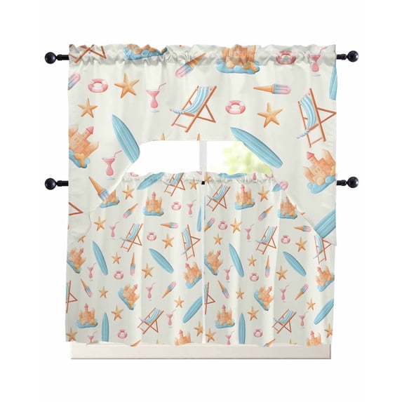 Beige Coastal Beach Kitchen Curtains Sets 24 Inch Length with Valance ...