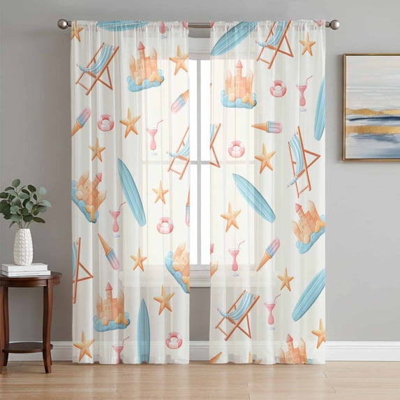 Beige Coastal Beach Sheer Curtains 63 Inch Length 2 Panels Set, Ocean ...